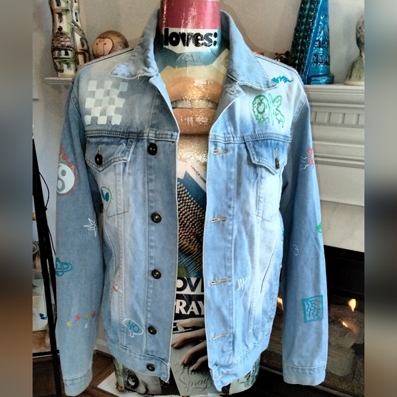 Brooklyn Cloth | Jackets & Coats | Nwt Doodle Print Jean Jacket Size ...